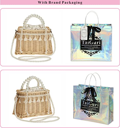 TaiGuri Women's Handmade Rattan Basket Artificial Pearl Woven Purse Handbag Tote Shoulder Bag Beige