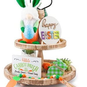 AKEROCK Easter Tiered Tray Decor, Easter Table Decorations Set with Plush Gnome Bunny & 3 Farmhouse Wooden Signs & Wooden Bead Garland for Home Decor (Tray not Included)