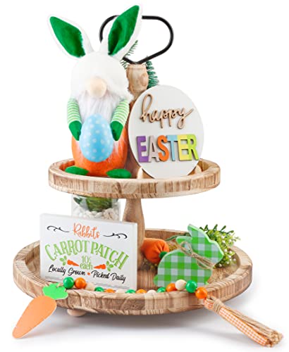 AKEROCK Easter Tiered Tray Decor, Easter Table Decorations Set with Plush Gnome Bunny & 3 Farmhouse Wooden Signs & Wooden Bead Garland for Home Decor (Tray not Included)