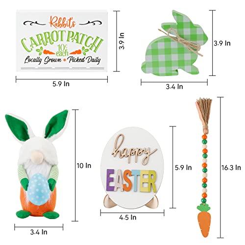 AKEROCK Easter Tiered Tray Decor, Easter Table Decorations Set with Plush Gnome Bunny & 3 Farmhouse Wooden Signs & Wooden Bead Garland for Home Decor (Tray not Included)