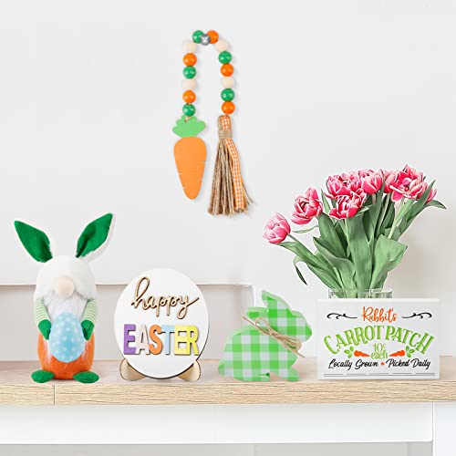 AKEROCK Easter Tiered Tray Decor, Easter Table Decorations Set with Plush Gnome Bunny & 3 Farmhouse Wooden Signs & Wooden Bead Garland for Home Decor (Tray not Included)