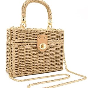 Handwoven Rattan Bag for women-Wicker Woven Square Crossbody vintage Chic Casual Beach Boho Tote Bag Straw Bag（no pendant）