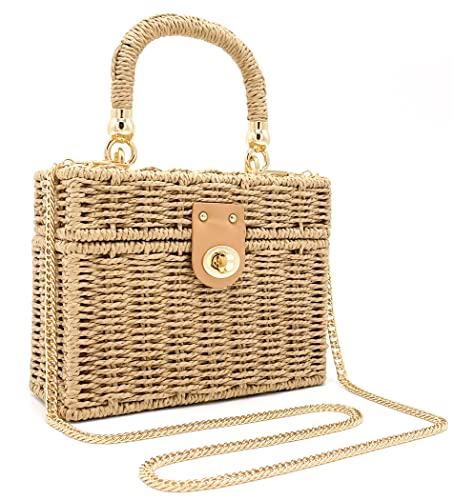 Handwoven Rattan Bag for women-Wicker Woven Square Crossbody vintage Chic Casual Beach Boho Tote Bag Straw Bag（no pendant）