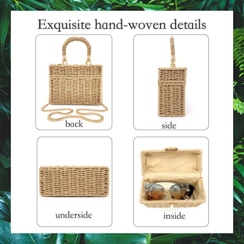 Handwoven Rattan Bag for women-Wicker Woven Square Crossbody vintage Chic Casual Beach Boho Tote Bag Straw Bag（no pendant）