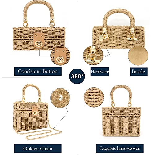 Handwoven Rattan Bag for women-Wicker Woven Square Crossbody vintage Chic Casual Beach Boho Tote Bag Straw Bag（no pendant）