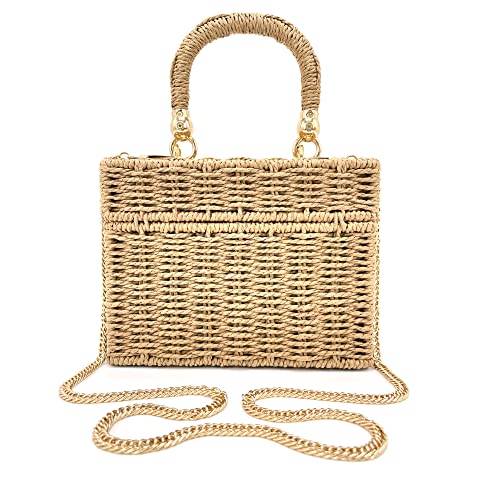 Handwoven Rattan Bag for women-Wicker Woven Square Crossbody vintage Chic Casual Beach Boho Tote Bag Straw Bag（no pendant）