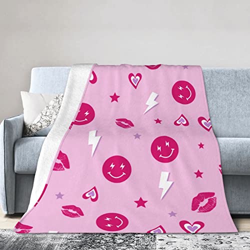 Pink Smile Face Preppy Throw Blanket Super Soft Lightweight Cute Flanne Plush Cozy Fuzzy Preppy Blanket Warm Bedding Stuff Room Decor for Home Dormitory Couch Bed Sofa 50 x 60 Inch