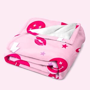 Pink Smile Face Preppy Throw Blanket Super Soft Lightweight Cute Flanne Plush Cozy Fuzzy Preppy Blanket Warm Bedding Stuff Room Decor for Home Dormitory Couch Bed Sofa 50 x 60 Inch