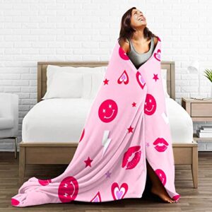 Pink Smile Face Preppy Throw Blanket Super Soft Lightweight Cute Flanne Plush Cozy Fuzzy Preppy Blanket Warm Bedding Stuff Room Decor for Home Dormitory Couch Bed Sofa 50 x 60 Inch