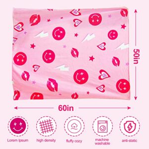 Pink Smile Face Preppy Throw Blanket Super Soft Lightweight Cute Flanne Plush Cozy Fuzzy Preppy Blanket Warm Bedding Stuff Room Decor for Home Dormitory Couch Bed Sofa 50 x 60 Inch