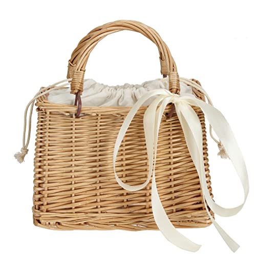 TaiGuri Women's Handmade Rattan Straw Ribbon Bow Woven Purse Handbag Tote Shoulder Bag Beige