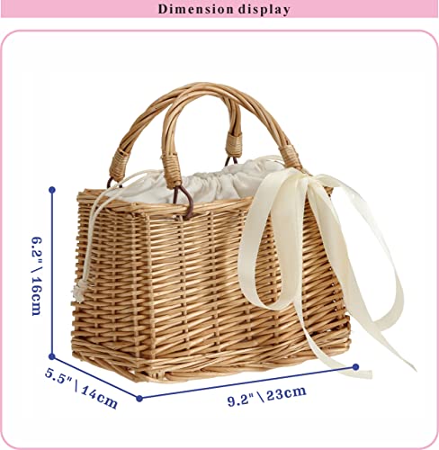 TaiGuri Women's Handmade Rattan Straw Ribbon Bow Woven Purse Handbag Tote Shoulder Bag Beige