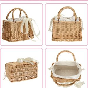 TaiGuri Women's Handmade Rattan Straw Ribbon Bow Woven Purse Handbag Tote Shoulder Bag Beige