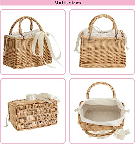 TaiGuri Women's Handmade Rattan Straw Ribbon Bow Woven Purse Handbag Tote Shoulder Bag Beige