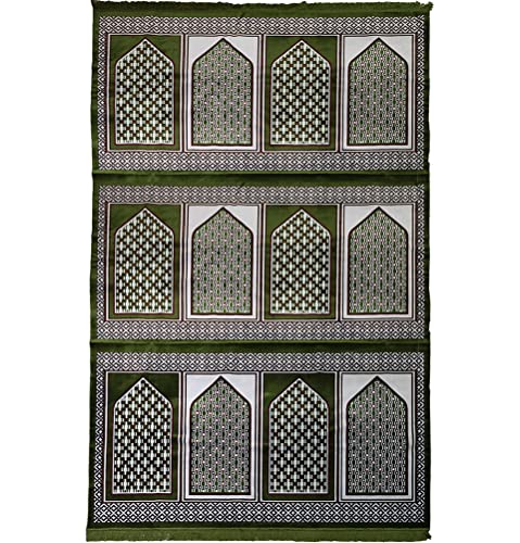 Modefa Turkish Islamic Prayer Rug - Large Gathering & Group Praying Carpet - Wide Plush Velvet Praying Mat - Multi Person Muslim Janamaz Sajada for Family or Mosque - 12 Person (Geometric Green)