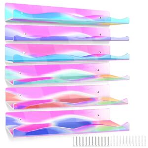 6 packs large iridescent wall mounted floating shelf, ulendis 15.7 inch rainbow clear acrylic display shelves organizer nail polish rack, wall ledge bookshelf for bedroom bathroom or living room decor