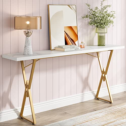 Tribesigns Console Table White Gold, 70.9" Extra Long Modern Couch Table Behind Sofa Tables Narrow Long, Wood Skinny Counter Height Tall Hallway Table for Entryway Living Room, Faux Marble