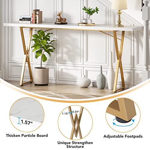 Tribesigns Console Table White Gold, 70.9" Extra Long Modern Couch Table Behind Sofa Tables Narrow Long, Wood Skinny Counter Height Tall Hallway Table for Entryway Living Room, Faux Marble