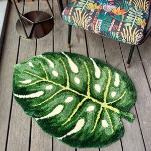 stitchworn monstera leaf area rug 3.3×2.2ft tufted washable bath mat home décor for bedroom bathroom office floor plant room