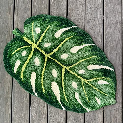 stitchworn Monstera Leaf Area Rug 3.3x2.2ft Tufted Washable Bath Mat Home Décor for Bedroom Bathroom Office Floor Plant Room