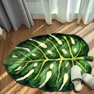 stitchworn Monstera Leaf Area Rug 3.3x2.2ft Tufted Washable Bath Mat Home Décor for Bedroom Bathroom Office Floor Plant Room