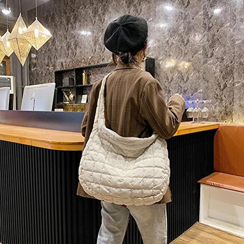 Large Puffer Tote Bag, Quilted Down Bags for Women Soft Space Totes Puffer Bag Lattice Crossbody for Autumn and Winter (White)