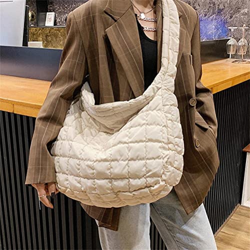 Large Puffer Tote Bag, Quilted Down Bags for Women Soft Space Totes Puffer Bag Lattice Crossbody for Autumn and Winter (White)