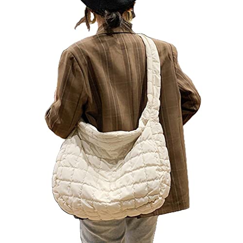 Large Puffer Tote Bag, Quilted Down Bags for Women Soft Space Totes Puffer Bag Lattice Crossbody for Autumn and Winter (White)