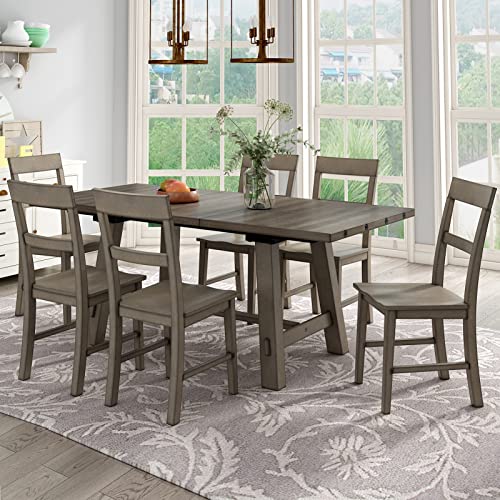 Retro Style Kitchen Dining Room Set, 7-Piece Dining Table Set Extendable Kitchen Table Set with 18” Leaf Rectangular Table with 6 Wood Chairs, Dining Room Set for 6 People, for Dining Room, Kitchen