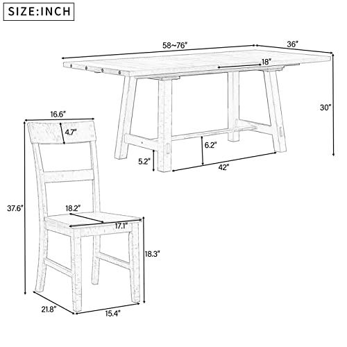 Retro Style Kitchen Dining Room Set, 7-Piece Dining Table Set Extendable Kitchen Table Set with 18” Leaf Rectangular Table with 6 Wood Chairs, Dining Room Set for 6 People, for Dining Room, Kitchen