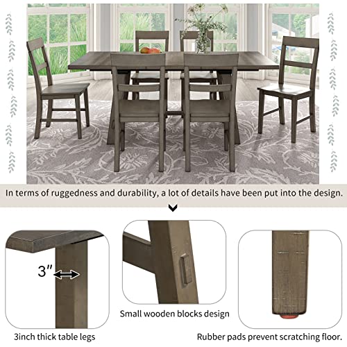 Retro Style Kitchen Dining Room Set, 7-Piece Dining Table Set Extendable Kitchen Table Set with 18” Leaf Rectangular Table with 6 Wood Chairs, Dining Room Set for 6 People, for Dining Room, Kitchen