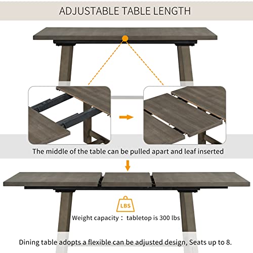 Retro Style Kitchen Dining Room Set, 7-Piece Dining Table Set Extendable Kitchen Table Set with 18” Leaf Rectangular Table with 6 Wood Chairs, Dining Room Set for 6 People, for Dining Room, Kitchen