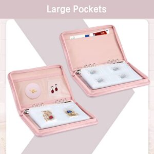 SKYREH Jewelry Travel Organizer Case, PU Leather Portable Jewelry Storage Book with Transparent Pockets Zipper Bag for Necklaces, Earrings, Bracelets (48 Grids + 48 Thicken PVC Bags), Rose Gold