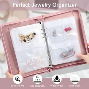 SKYREH Jewelry Travel Organizer Case, PU Leather Portable Jewelry Storage Book with Transparent Pockets Zipper Bag for Necklaces, Earrings, Bracelets (48 Grids + 48 Thicken PVC Bags), Rose Gold