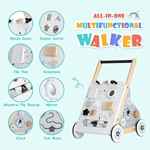 Wooden Baby Walker, Baby Push Walkers, Walker for Baby Boys and Girls, Baby Activity Center, Toddler Montessori Toys for 1+ Year Old, Kids Multi-Activity Learning Walker