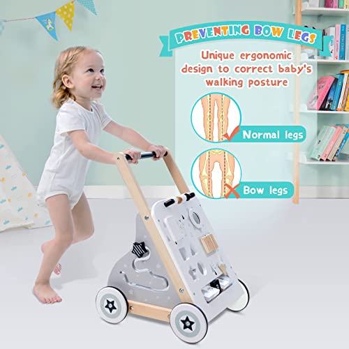 Wooden Baby Walker, Baby Push Walkers, Walker for Baby Boys and Girls, Baby Activity Center, Toddler Montessori Toys for 1+ Year Old, Kids Multi-Activity Learning Walker