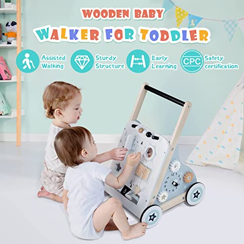 Wooden Baby Walker, Baby Push Walkers, Walker for Baby Boys and Girls, Baby Activity Center, Toddler Montessori Toys for 1+ Year Old, Kids Multi-Activity Learning Walker