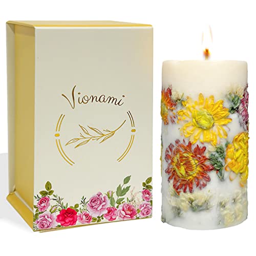 Vionami Aloha Kiwi Passionfruit Scented Pillar Candle with Dried Flowers - Natural Soy Wax Scented Candle for Home - Gift-Boxed Hand Poured Luxury Candle with Paper Core Wick (Mums)