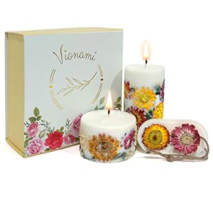 vionami aloha kiwi passionfruit scented candles gift for women – gift-boxed scented pillar candles set for home decor – hand poured soy wax candles with paper core wick and dried flowers