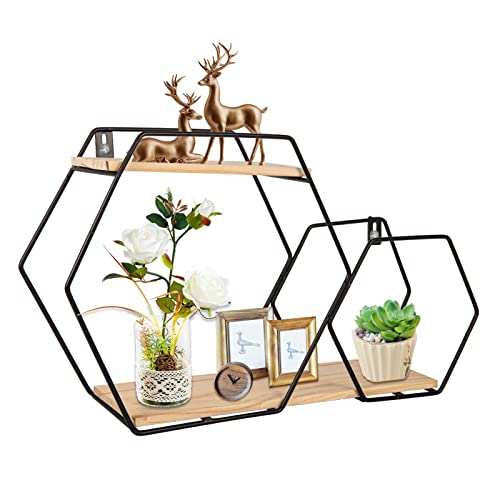 Floating Shelves Cute Honeycomb Shelves, Hexagon Wall Mounted Shelves with Metal Bracket Rustic Solid Wood, Wall Shelves for Living Room,Bedroom