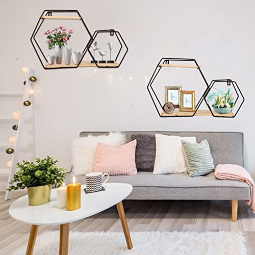 Floating Shelves Cute Honeycomb Shelves, Hexagon Wall Mounted Shelves with Metal Bracket Rustic Solid Wood, Wall Shelves for Living Room,Bedroom