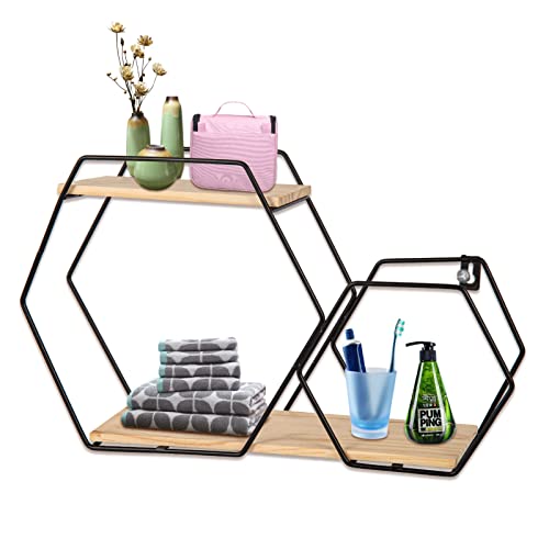 Floating Shelves Cute Honeycomb Shelves, Hexagon Wall Mounted Shelves with Metal Bracket Rustic Solid Wood, Wall Shelves for Living Room,Bedroom