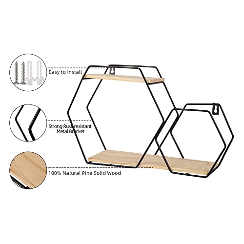 Floating Shelves Cute Honeycomb Shelves, Hexagon Wall Mounted Shelves with Metal Bracket Rustic Solid Wood, Wall Shelves for Living Room,Bedroom