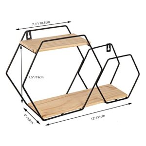 Floating Shelves Cute Honeycomb Shelves, Hexagon Wall Mounted Shelves with Metal Bracket Rustic Solid Wood, Wall Shelves for Living Room,Bedroom