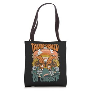 retro transformed by christ boho jesus god religious trendy tote bag