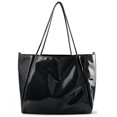 Shiny Patent Faux Leather Tote Glossy Shoulder Handbag for Women Convertible Purse (Black)