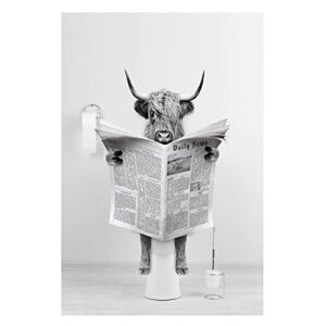 enbidavi funny highland cow wall decor black and white cow reading newspaper on toilet canvas art print for bathroom farmhouse bedroom unframed 12×18 inches