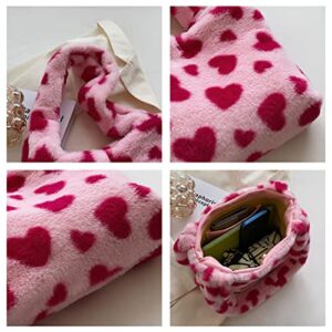 1 piece Women's small tote bag Soft winter furry plush top tote bag and long shoulder strap (Pink)