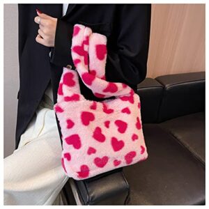 1 piece Women's small tote bag Soft winter furry plush top tote bag and long shoulder strap (Pink)