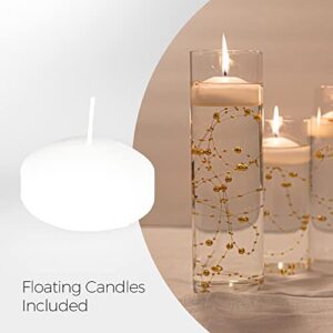 Floating Candle Cylinder Centerpiece Set, 3 Vases, 6 White Floating Candles 3" Diameter, 6 Artificial Gold Pearl Beads String Vase Fillers 40", Great for Weddings, Home Decor